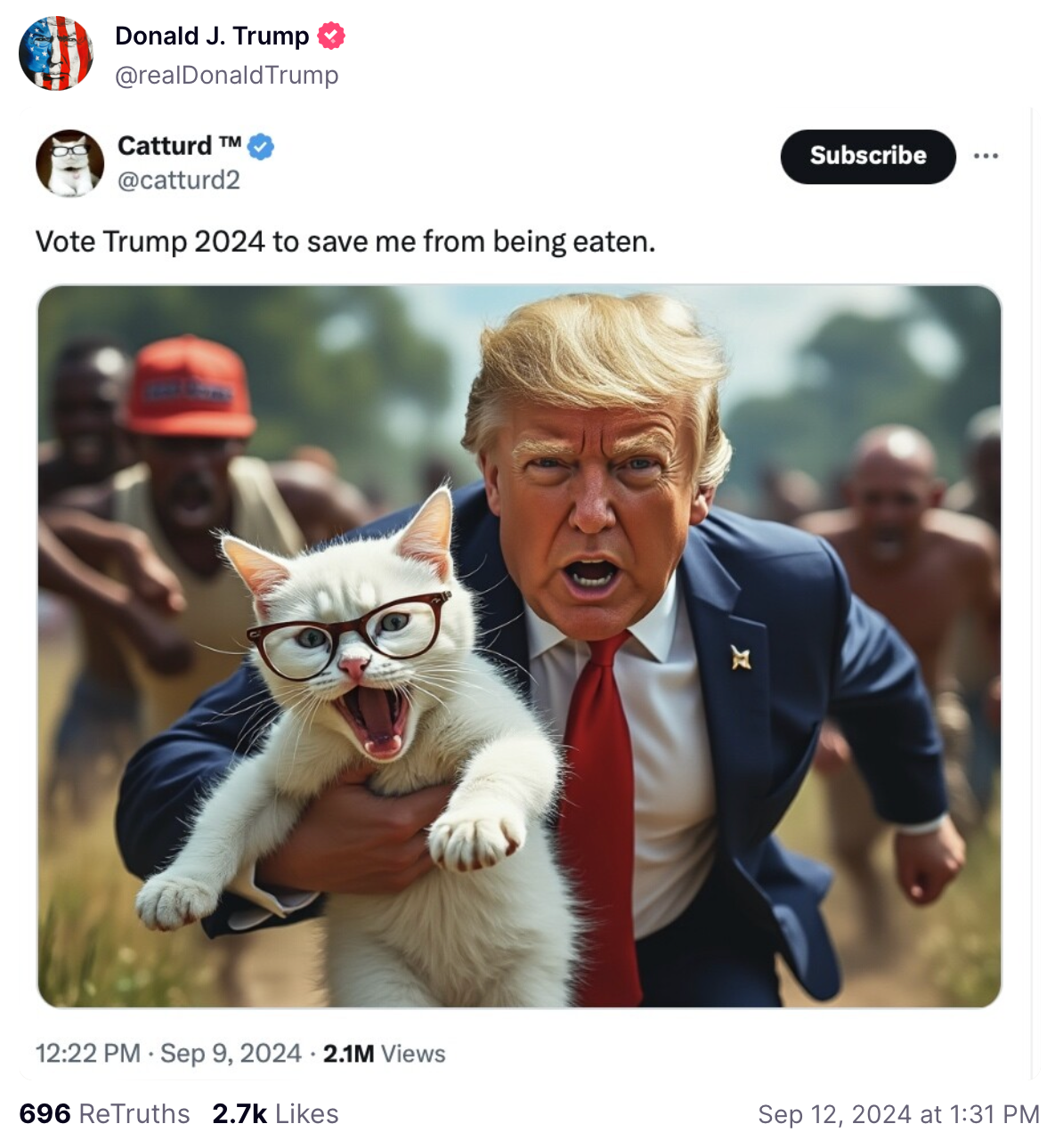 Trump Posts New Round of AI Haitian Cat Eating Hoax Memes - MeidasTouch