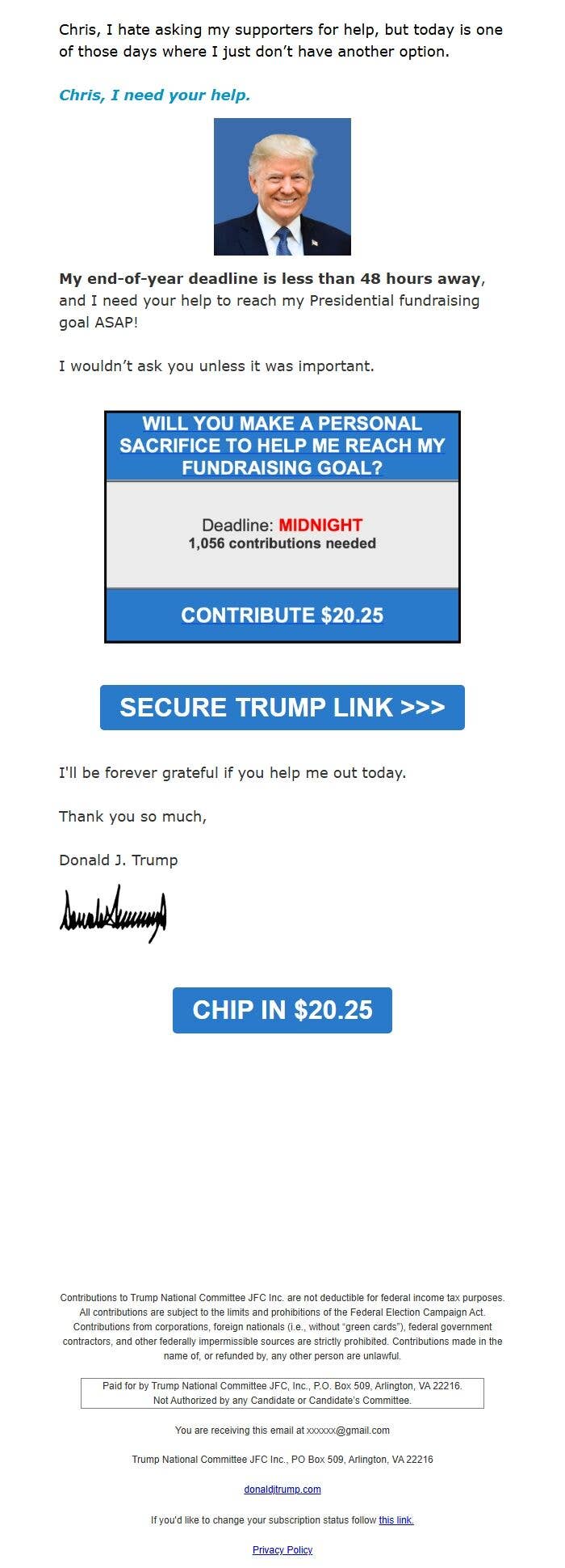 Trump Tells Supporters to Make a “Personal Sacrifice” Donation ...