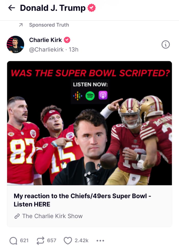 Anti-MLK Charlie Kirk Partners with Trump's Truth Social for Super Bowl Conspiracy Ads ...