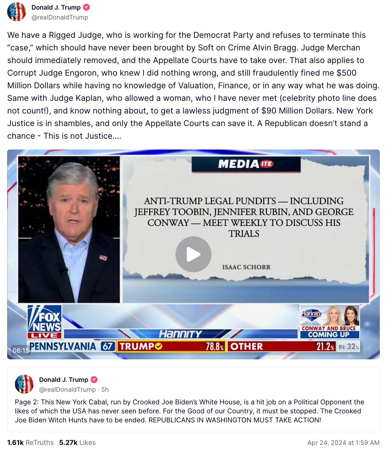 Trump Posts Fox News Clip Blasting Star Witness Michael Cohen …Again ...