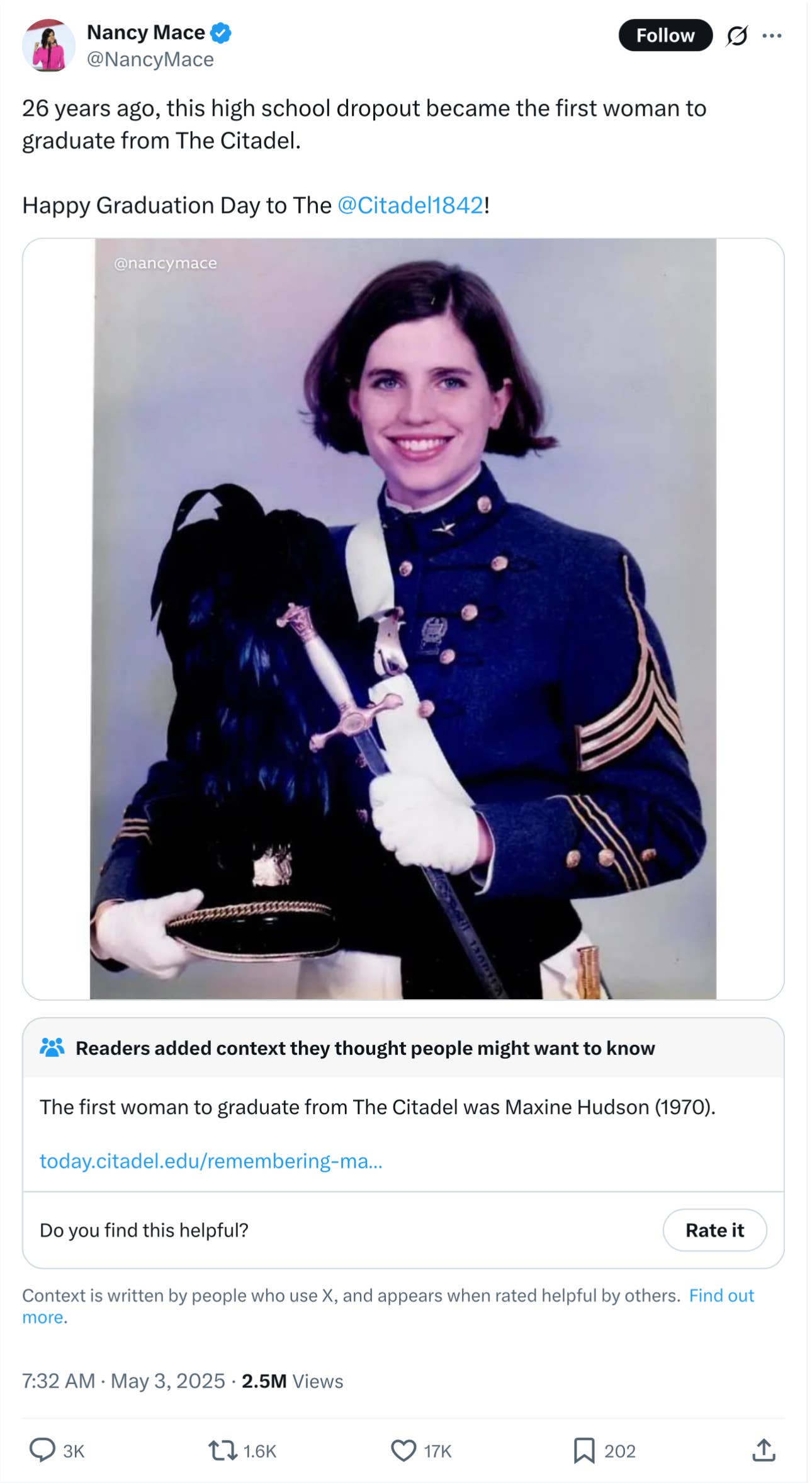 Nancy Mace Corrected by Community Note Over Citadel Graduation Claim ...