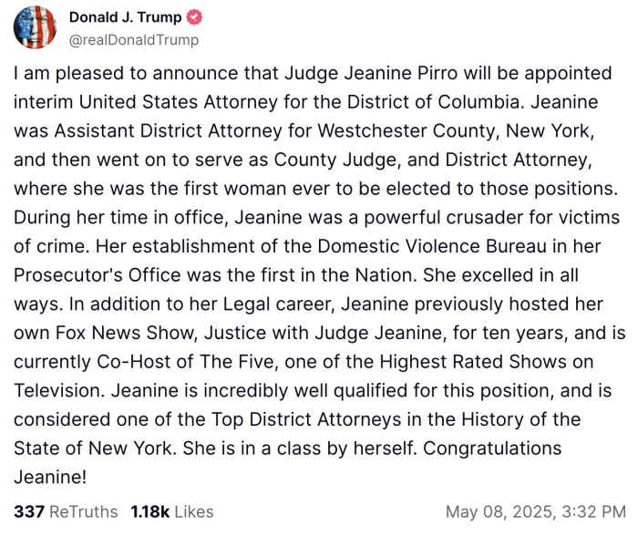 Donald Trump Appoints Judge Jeanine Pirro to be the Interim US Attorney for the District of ...