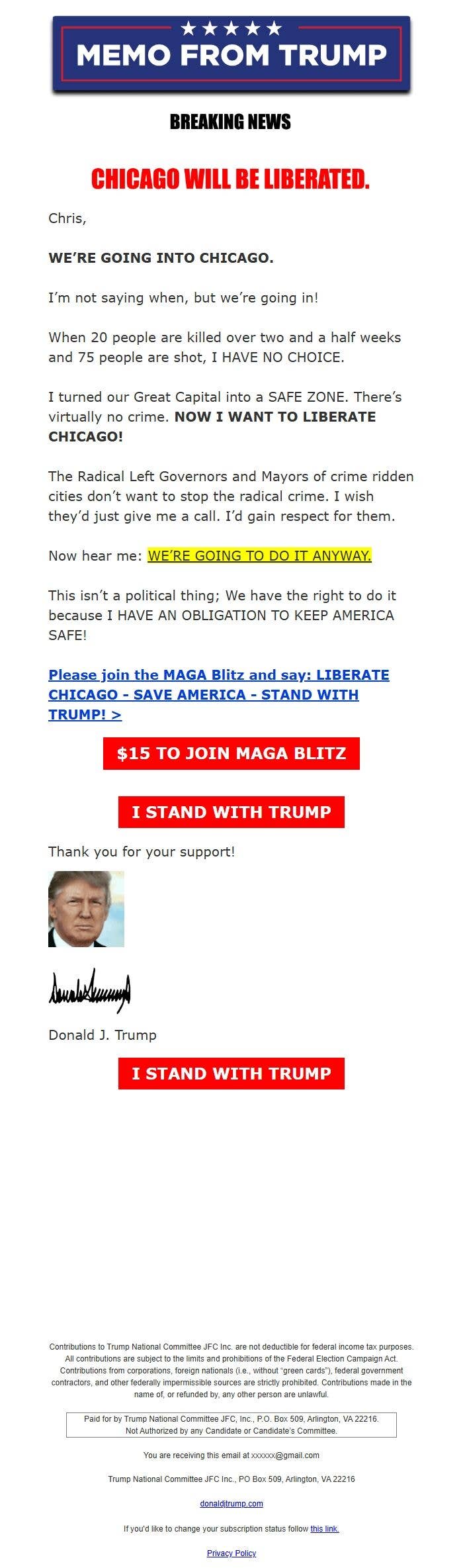 Trump Fundraising Email Announces Chicago National Guard Deployment ...
