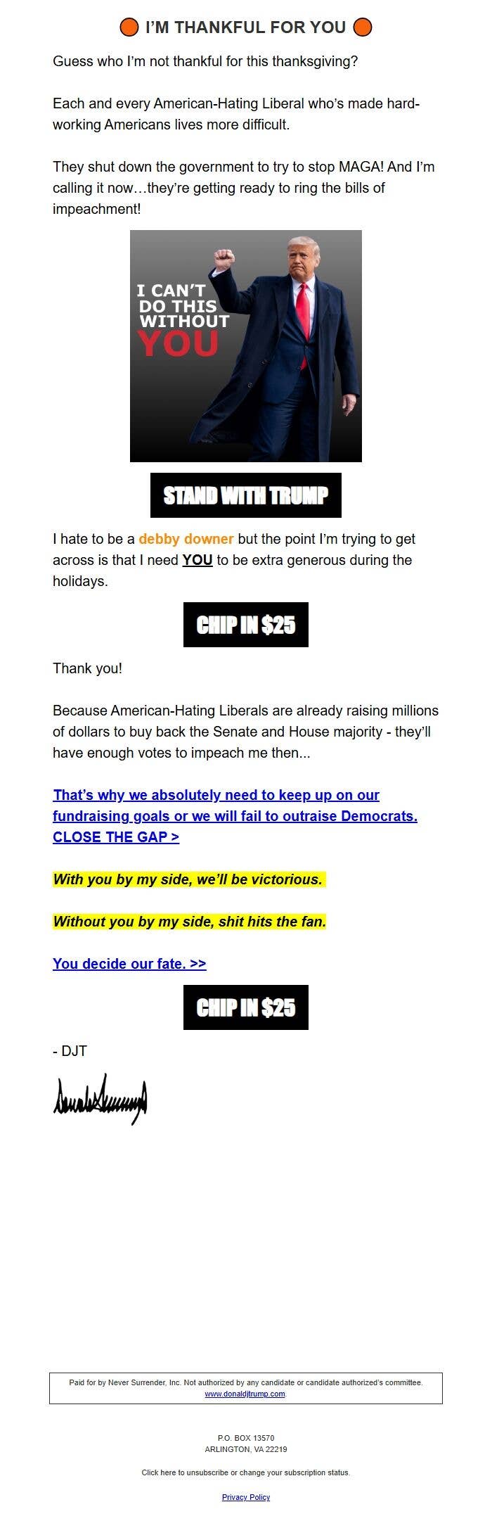 Trump Warns of Impeachment in Thanksgiving Themed Fundraising Email ...
