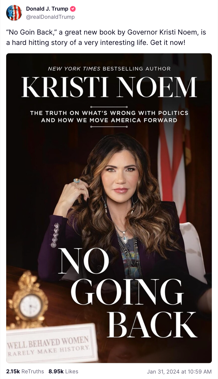 Trump Promoted Kristi Noem's "Puppy Killer" Book on Truth Social ...