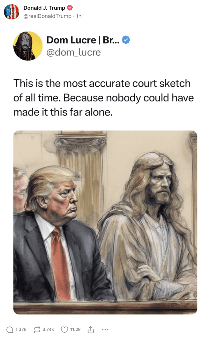Trump Posts Fake Court Sketch of Jesus Helping Him Through Legal ...
