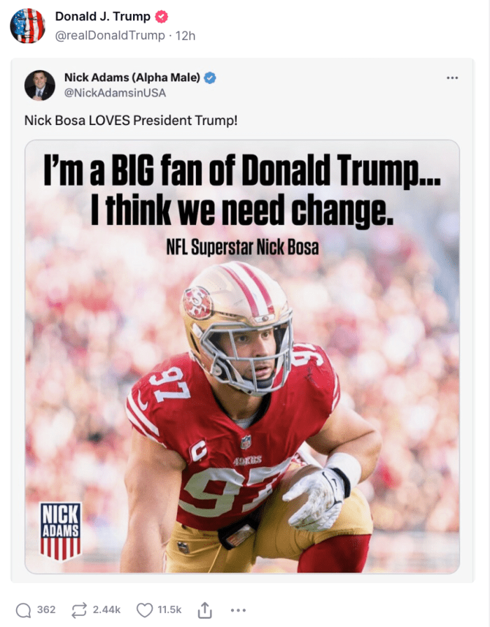 Trump Posts Tweet Celebrating Support from 49ers Defensive End Nick ...