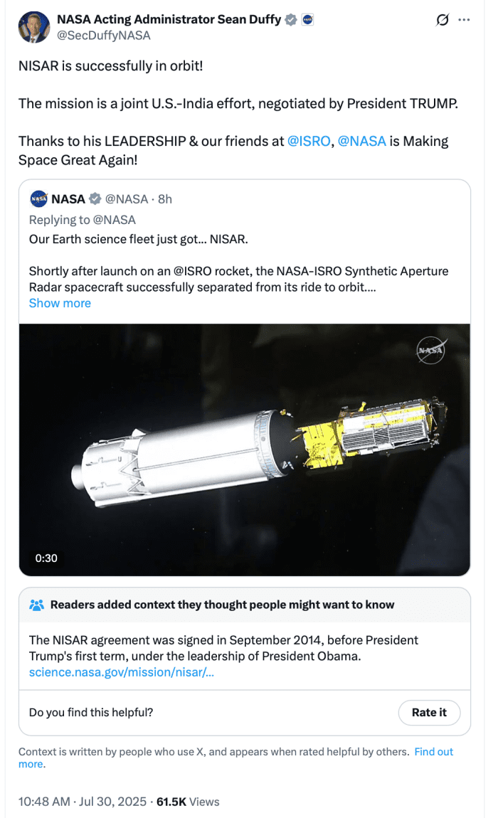 NASA Head Sean Duffy Slapped With Community Note After Crediting Trump ...