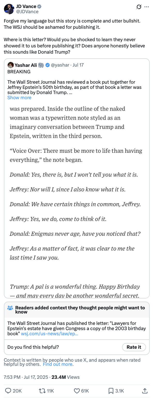 JD Vance Smacked With Community Note Over Epstein Letter Claim ...