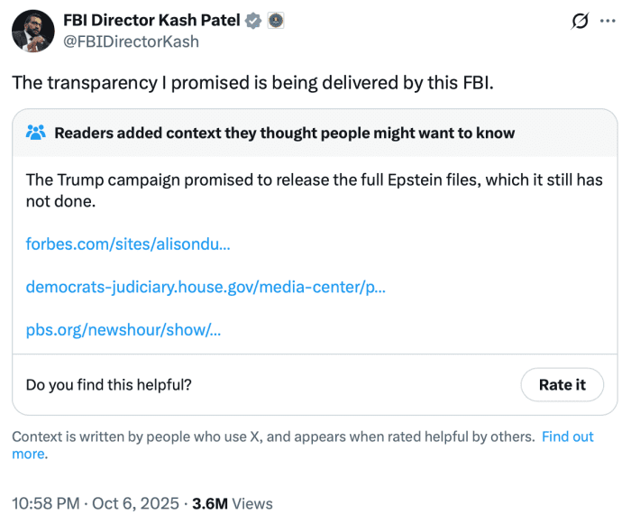 Kash Patel Praises Hit With Community Note Over Epstein Files ...