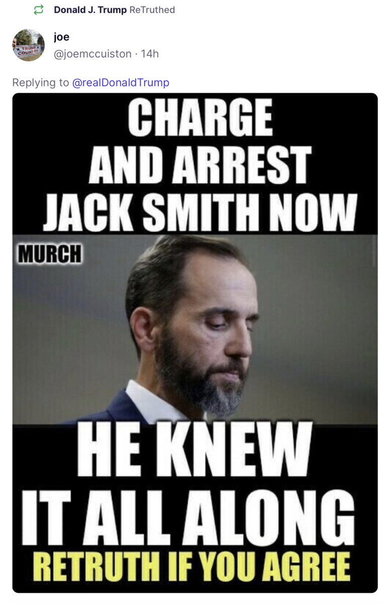 Trump Shared Posts Calling for the Arrest of Alvin Bragg and Jack Smith ...