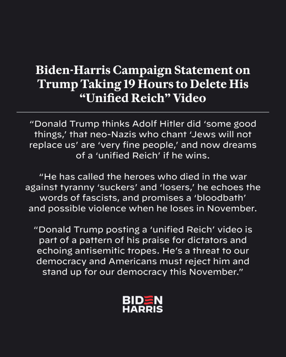 Biden-Harris Campaign Condemns Trump’s “Unified Reich” Video ...