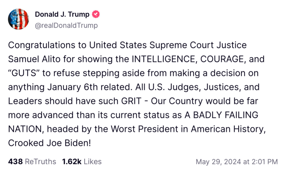 Trump Praises SCOTUS Justice Alito for Not Recusing Himself from ...