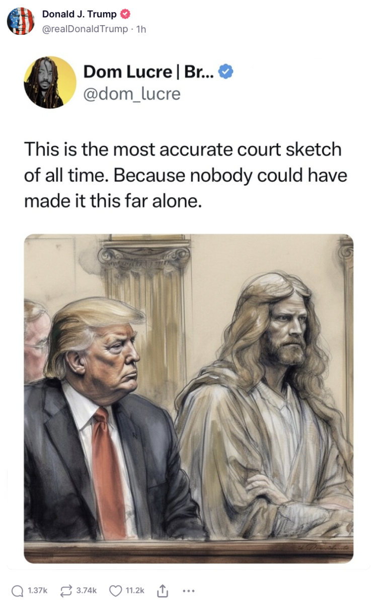 Trump Posts Fake Court Sketch of Jesus Helping Him Through Legal ...