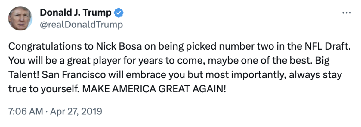 Trump Posts Tweet Celebrating Support from 49ers Defensive End Nick ...