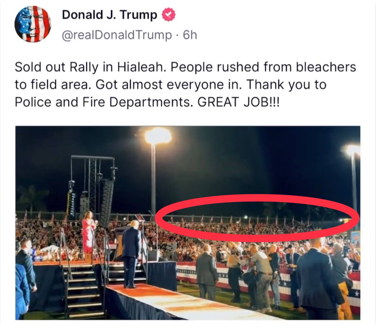 Trump Defends Crowd Size: “People Rushed from Bleachers to Field Area ...