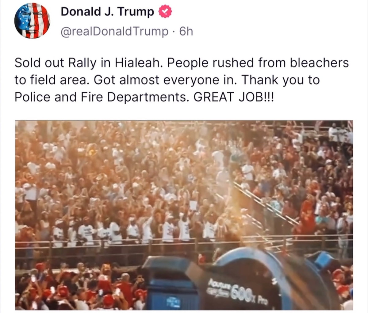 Trump Defends Crowd Size: “People Rushed from Bleachers to Field Area ...
