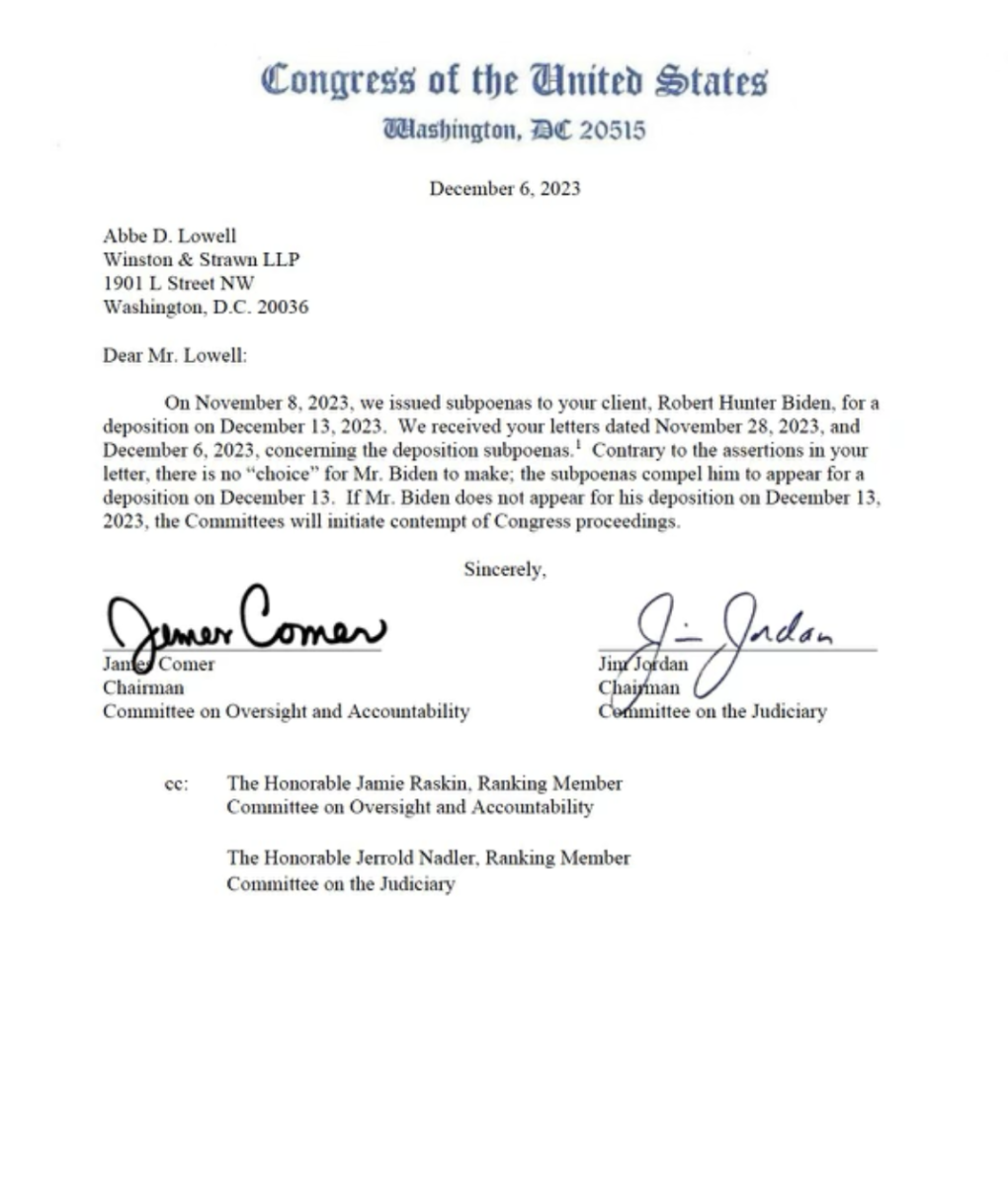 House Republicans Threaten To Hold Hunter Biden In Contempt If He Won't ... House Republicans Threaten To Hold Hunter Biden In Contempt If He Won't ...