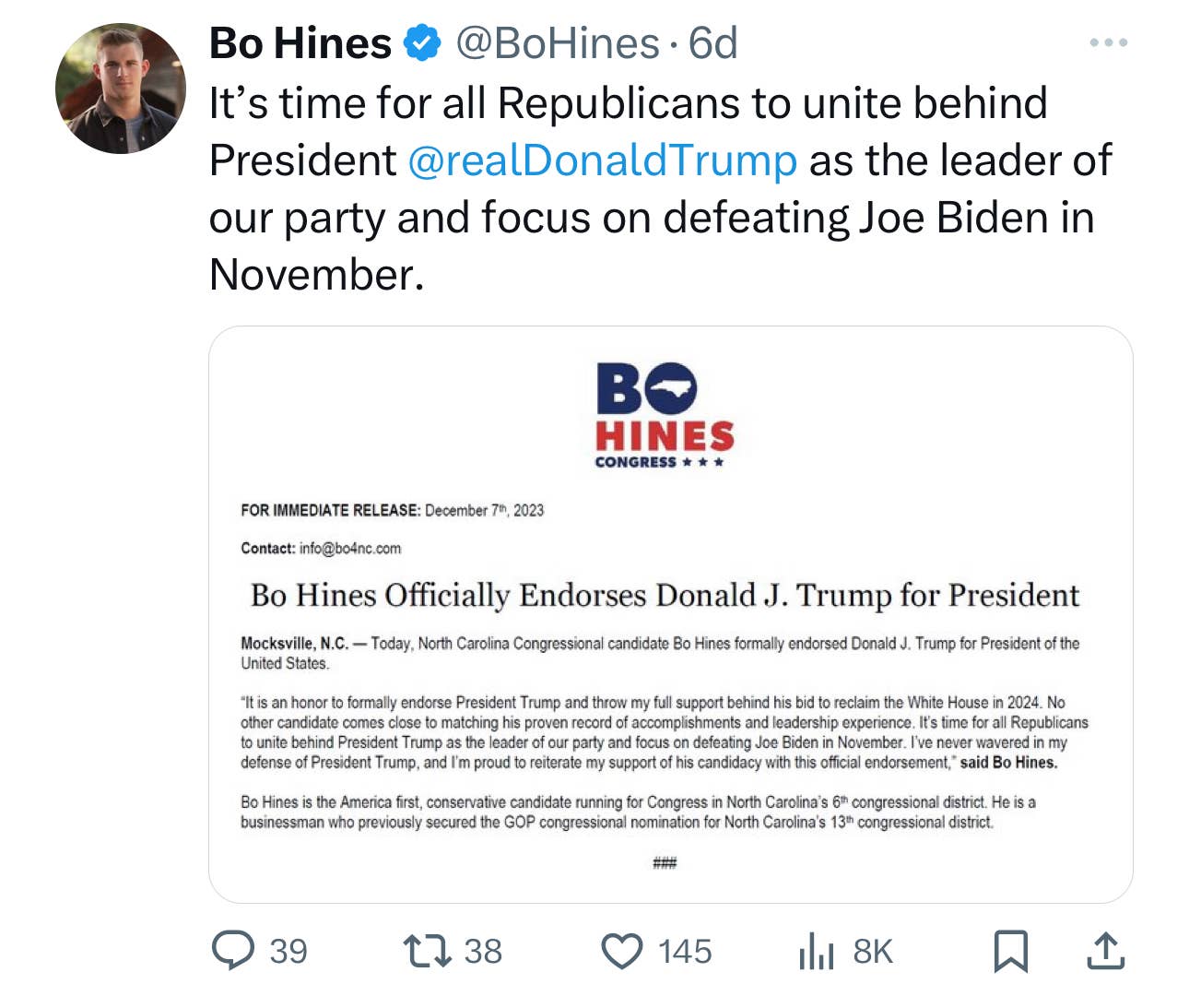 Ouch! Trump Endorses Bo Hines’ Opponent Days After Saying Hines Will ...