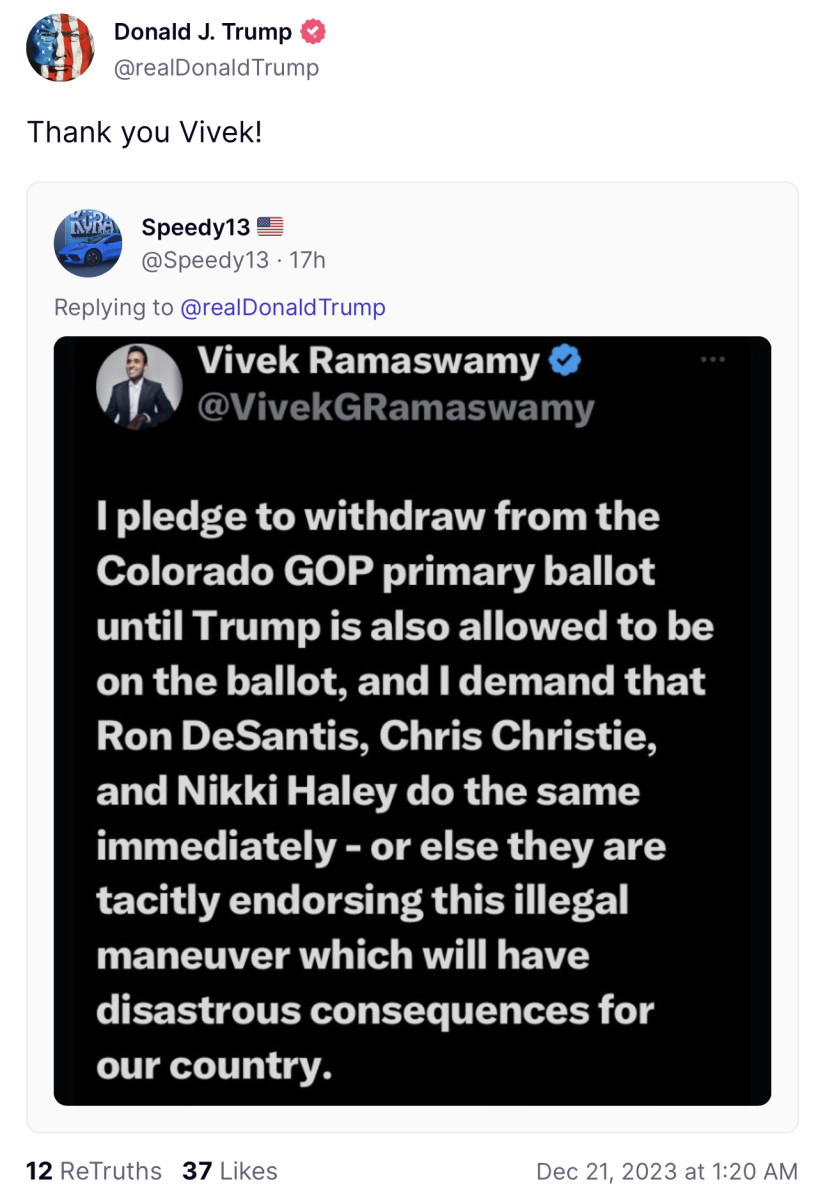 Trump Thanked Vivek Ramaswamy for Colorado GOP Primary Ballot Withdraw ...