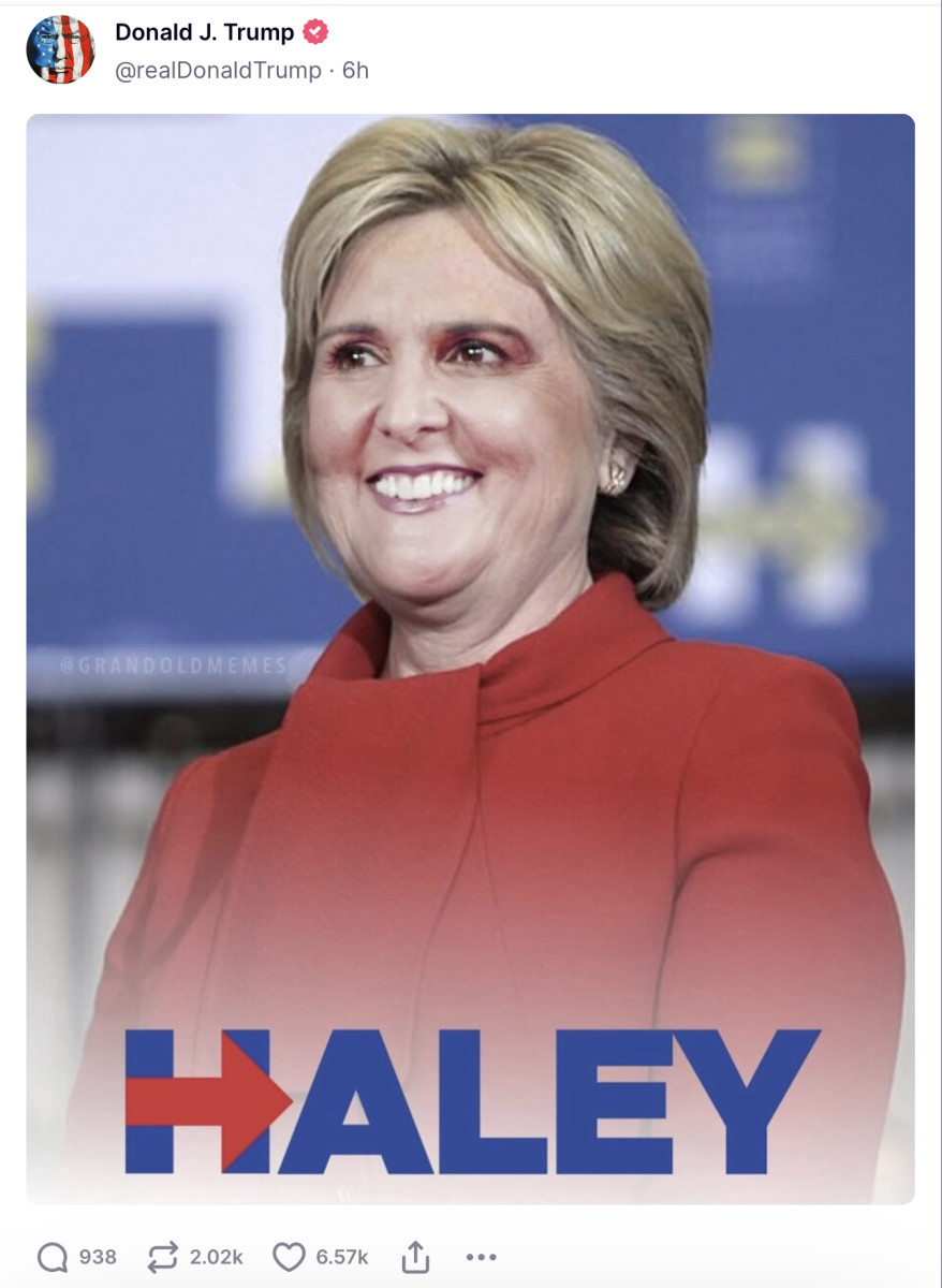 Trump Posts Nikki Haley / Hillary Clinton Face Blend Meme in Late Night ...