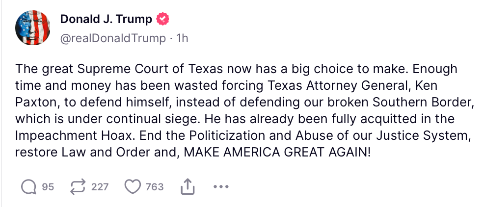 Trump Pressures Texas Supreme Court to Rule in Favor of Ken Paxton ...