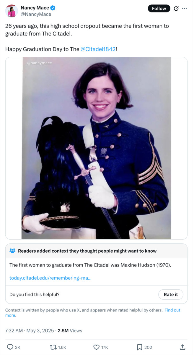 Nancy Mace Corrected by Community Note Over Citadel Graduation Claim ...