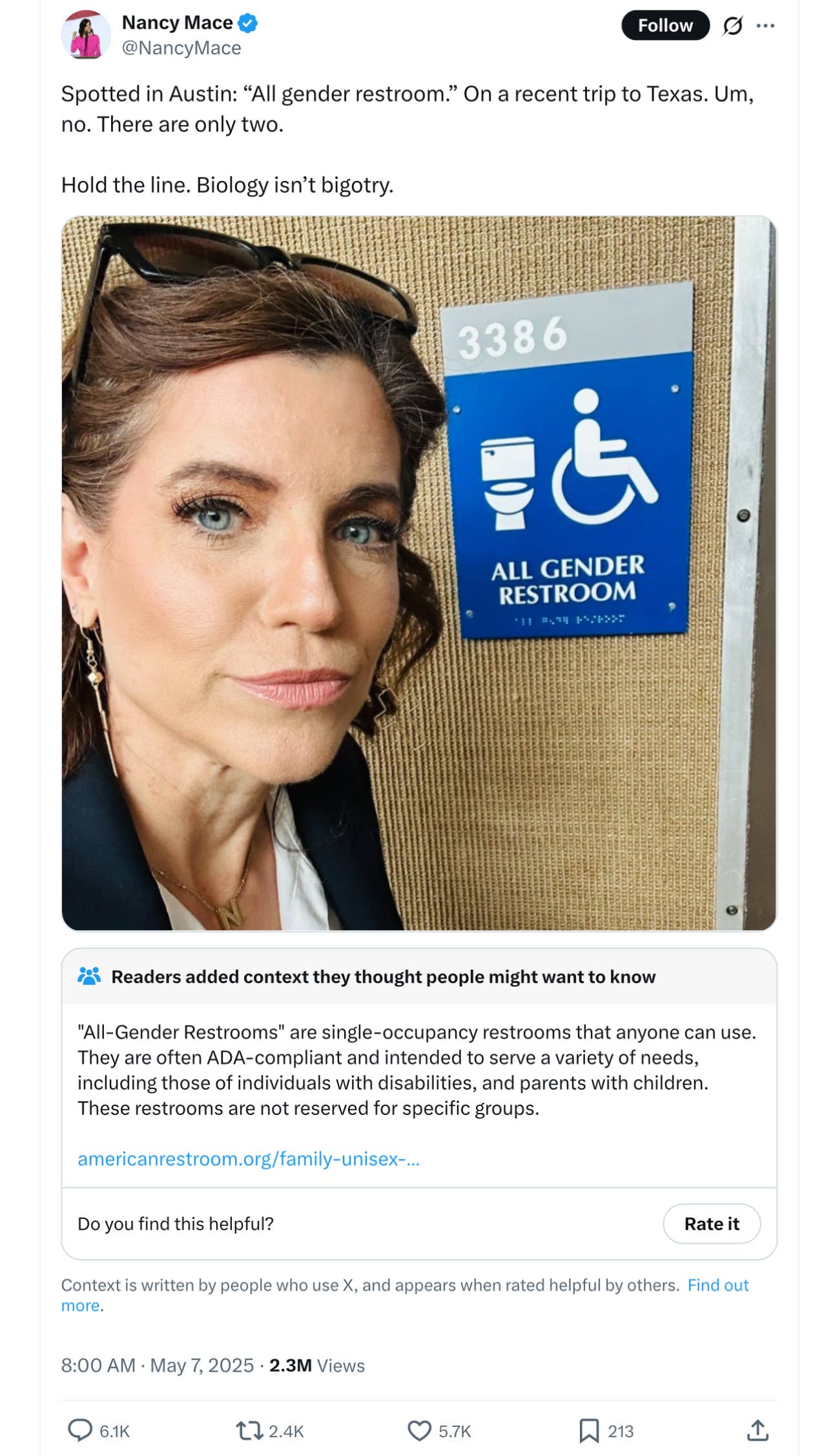 Nancy Mace Hit with Community Note Over “All Gender Restroom” Tweet ...