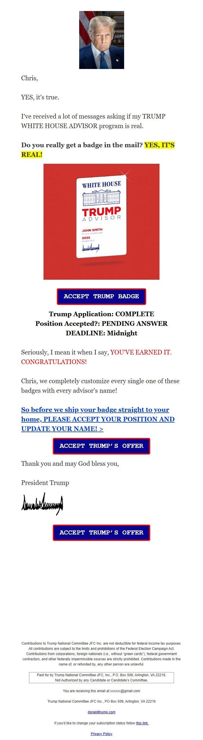 Trump Fundraising Email Offers Fake “White House Advisor” Position to ...