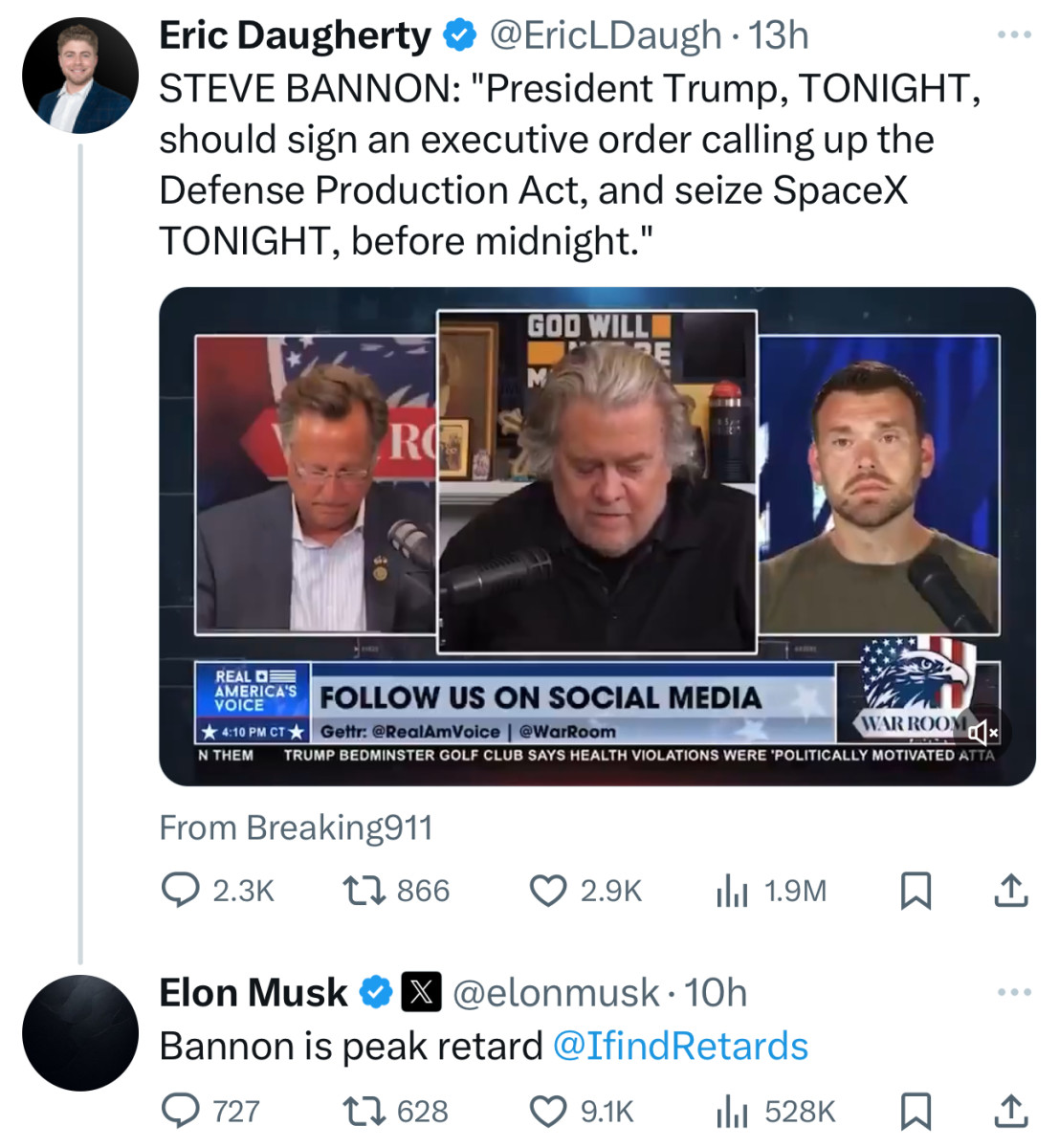 Elon Musk Attacks Steve Bannon Over Call for Trump to Seize SpaceX ...