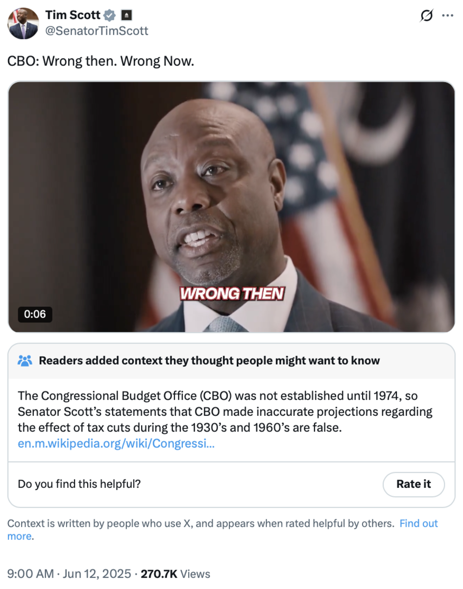 Tim Scott Slammed with Community Note After False Claim About CBO ...