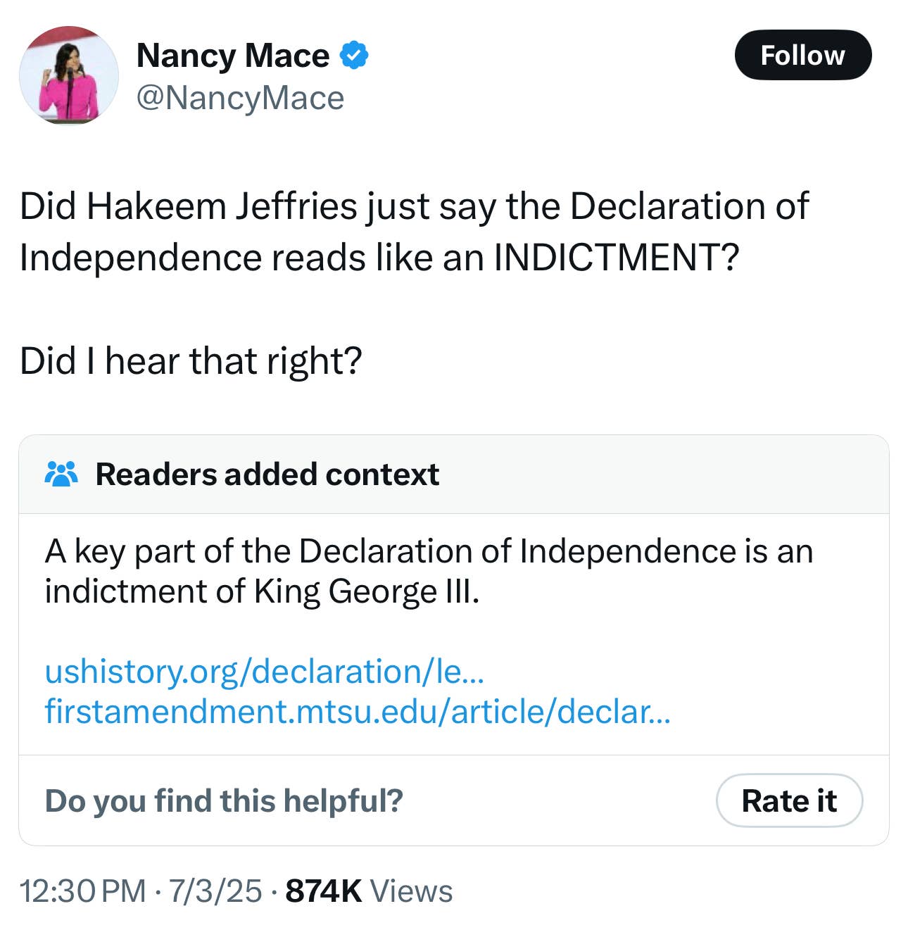 Nancy Mace Hit With Community Note Over Declaration of Independence ...