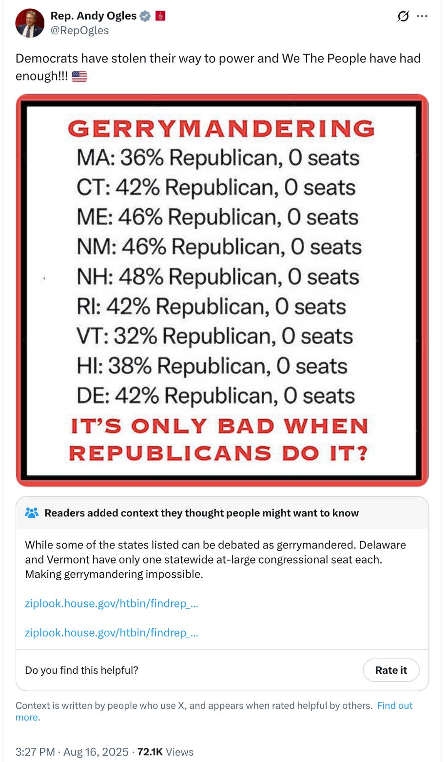 GOP Rep. Claimed States With Only One Representative are Gerrymandered ...