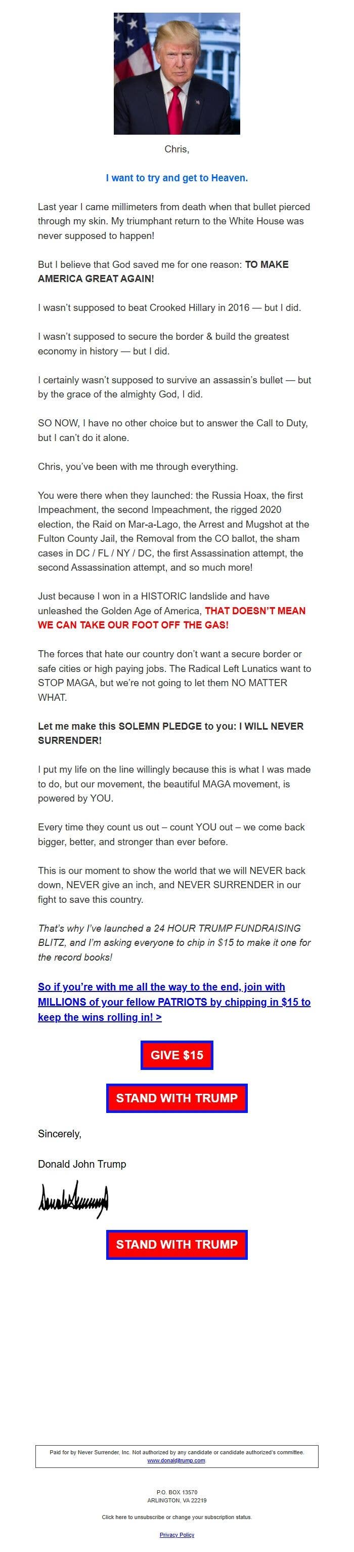 Trump Asks for $15 Donation in Eternal Destination Email - MeidasTouch News