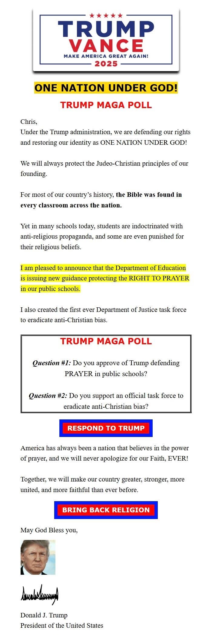 Trump Fundraising Email: "I've Always Believed in the Power of Prayer ...
