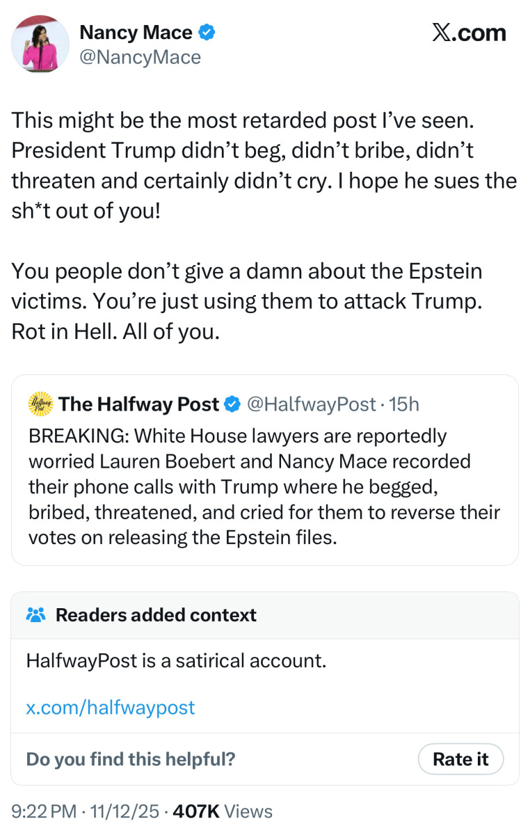 Nancy Mace Crashes Out While Falling for Satire Account - MeidasTouch News