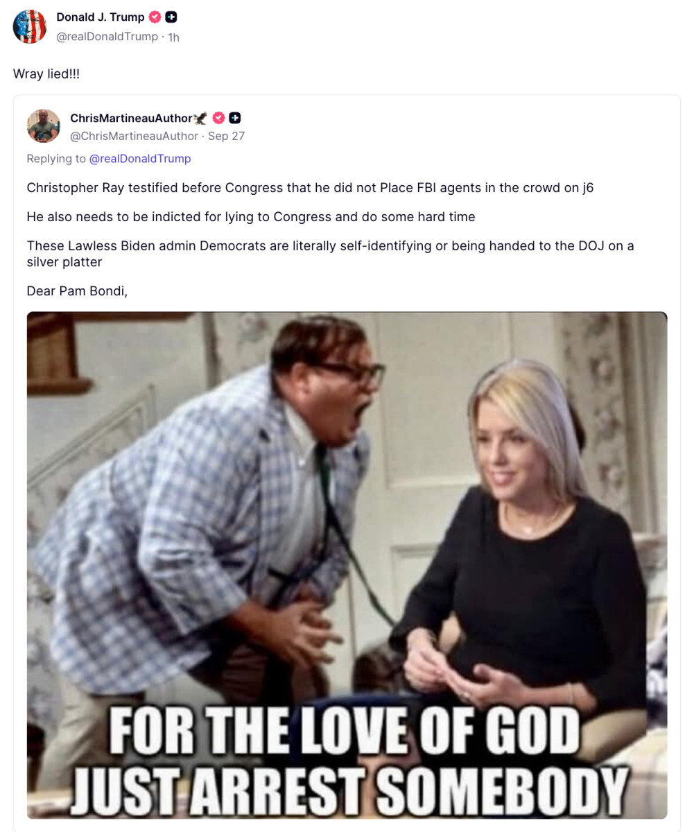 Trump Boosts Meme Yelling at Pam Bondi to Arrest Opponents ...