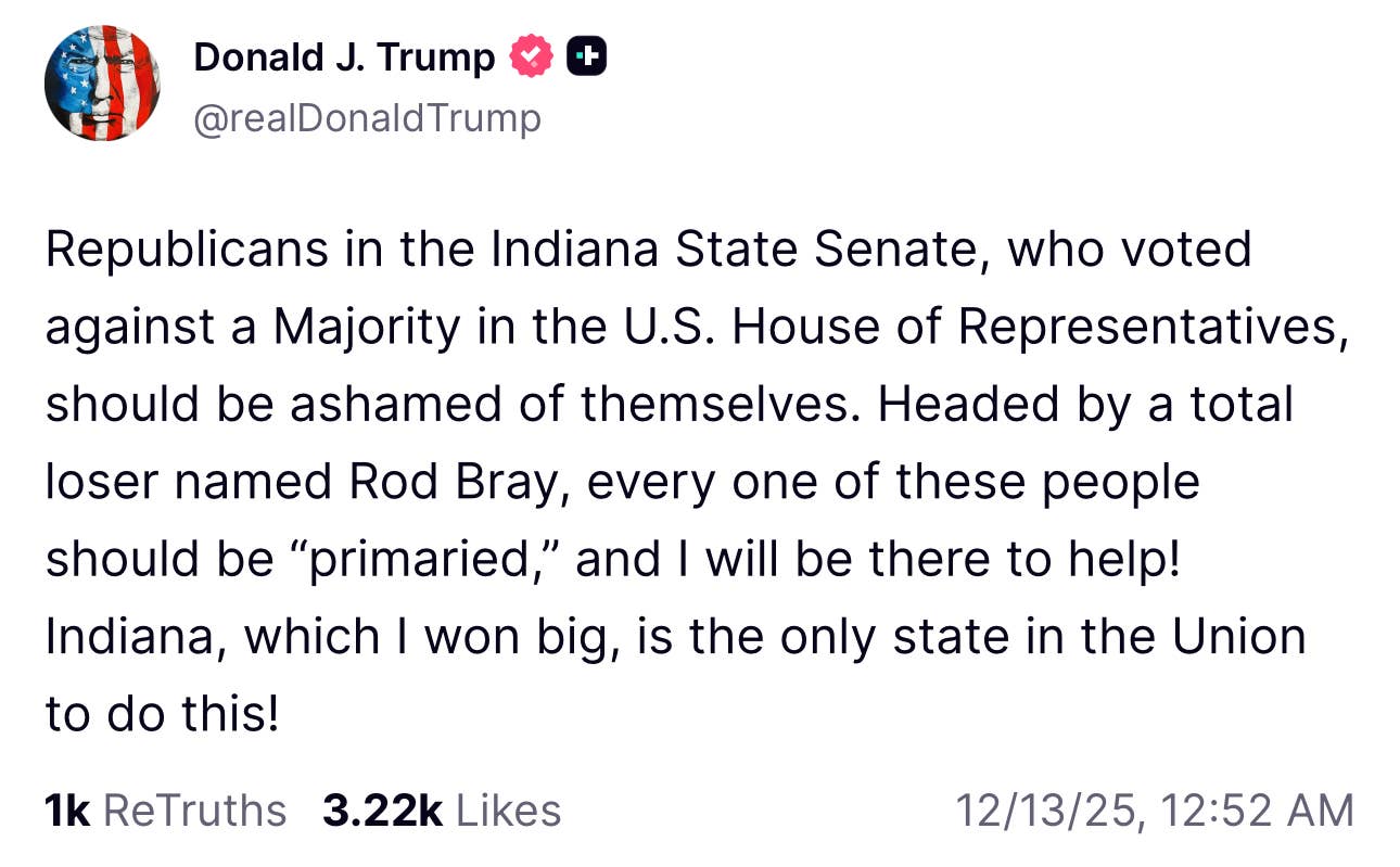 Trump Pledges to Primary Indiana Republicans Who Refused Gerrymandering ...