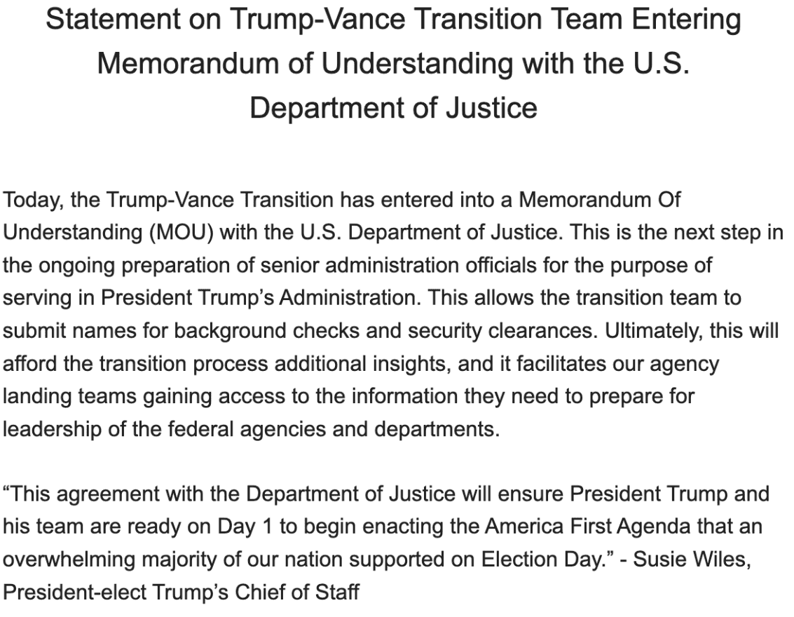 Trump Transition Team Signs Memorandum Of Understanding To Allow For ...