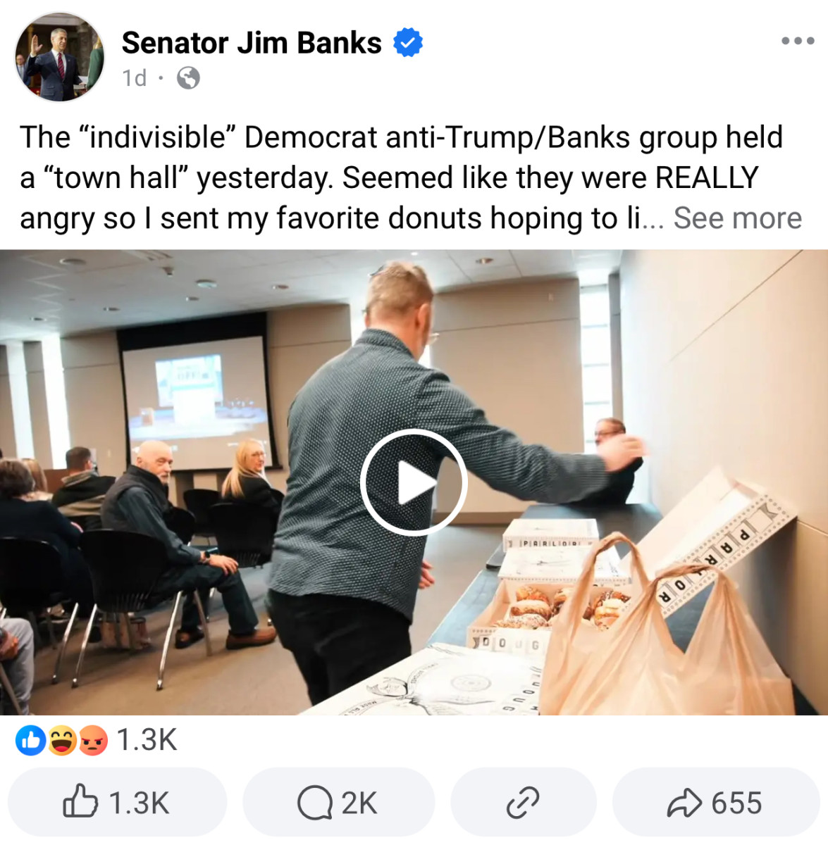 Jim Banks Skips Town Hall, Mocks Constituents With Donut Stunt Video ...