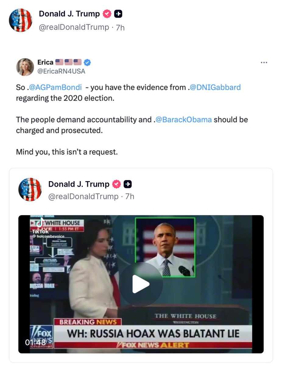 Trump Shared Call to Prosecute Obama in Christmas Post - MeidasTouch News