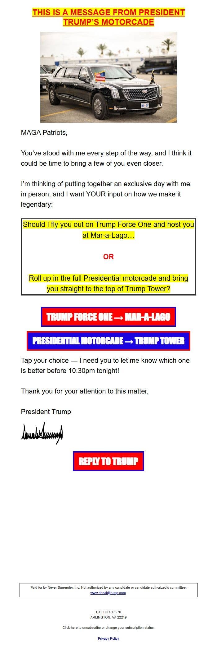 Trump Falsely Claims Urgent Fundraising Email Sent From Motorcade ...