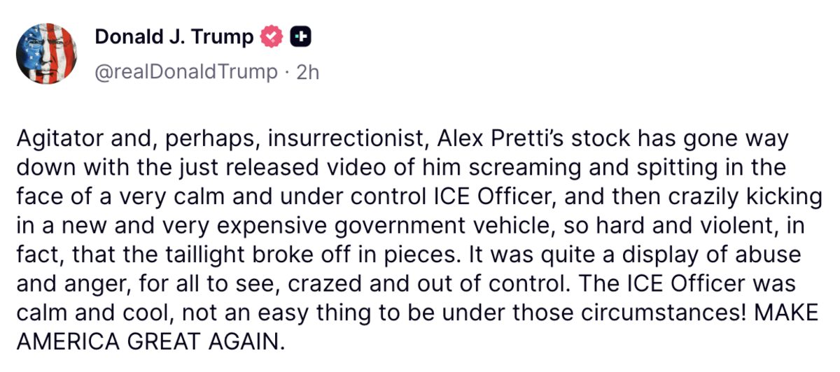 Trump Calls Alex Pretti An 'Insurrectionist,' Says His 'Stock Has Gone ...
