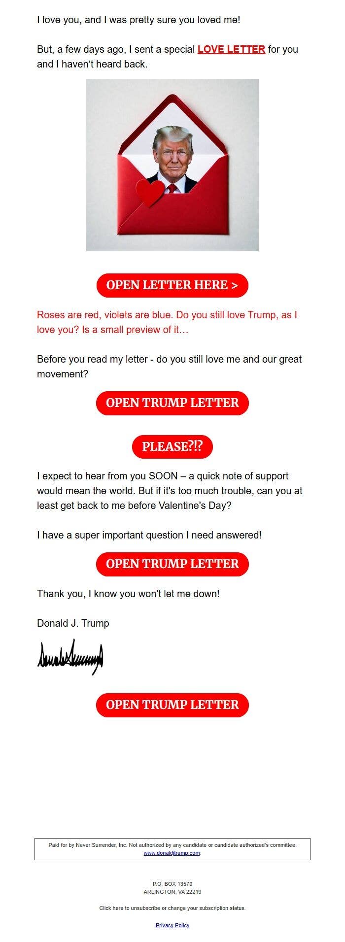 Trump Plays ‘Secret Admirer’ in Creepy Valentine’s Fundraising Email ...